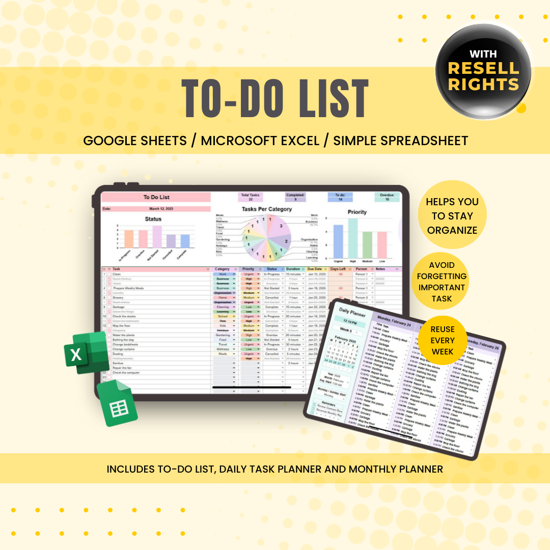 To-Do List Planner Google Sheets | Digital Planner with Resell Rights ...